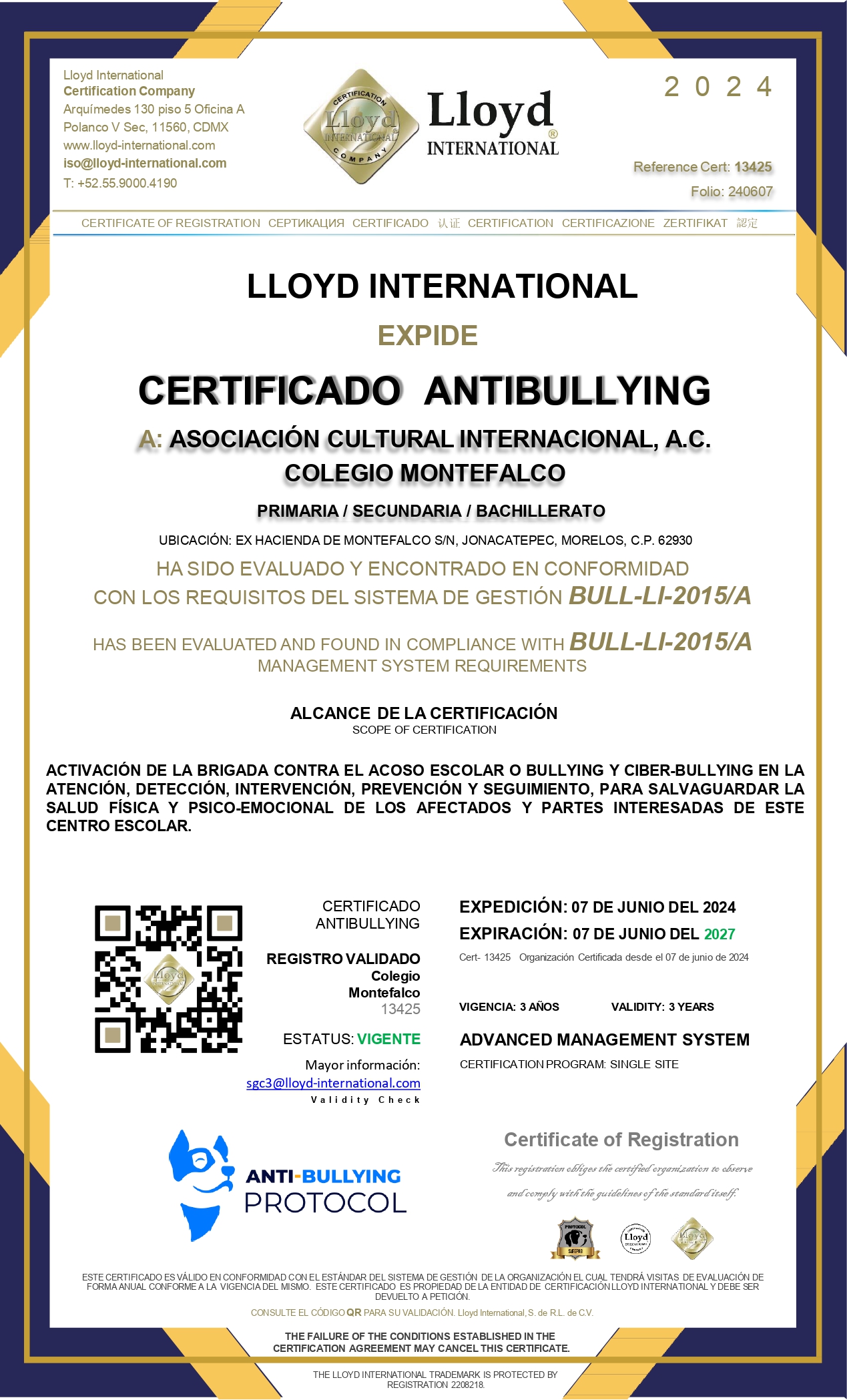Colegio Montefalco recibe Certificación Anti bullying por Lloyd ...